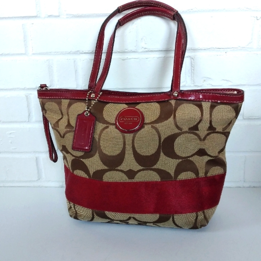 Coach Red Leather And Canvas Satchel - Gem